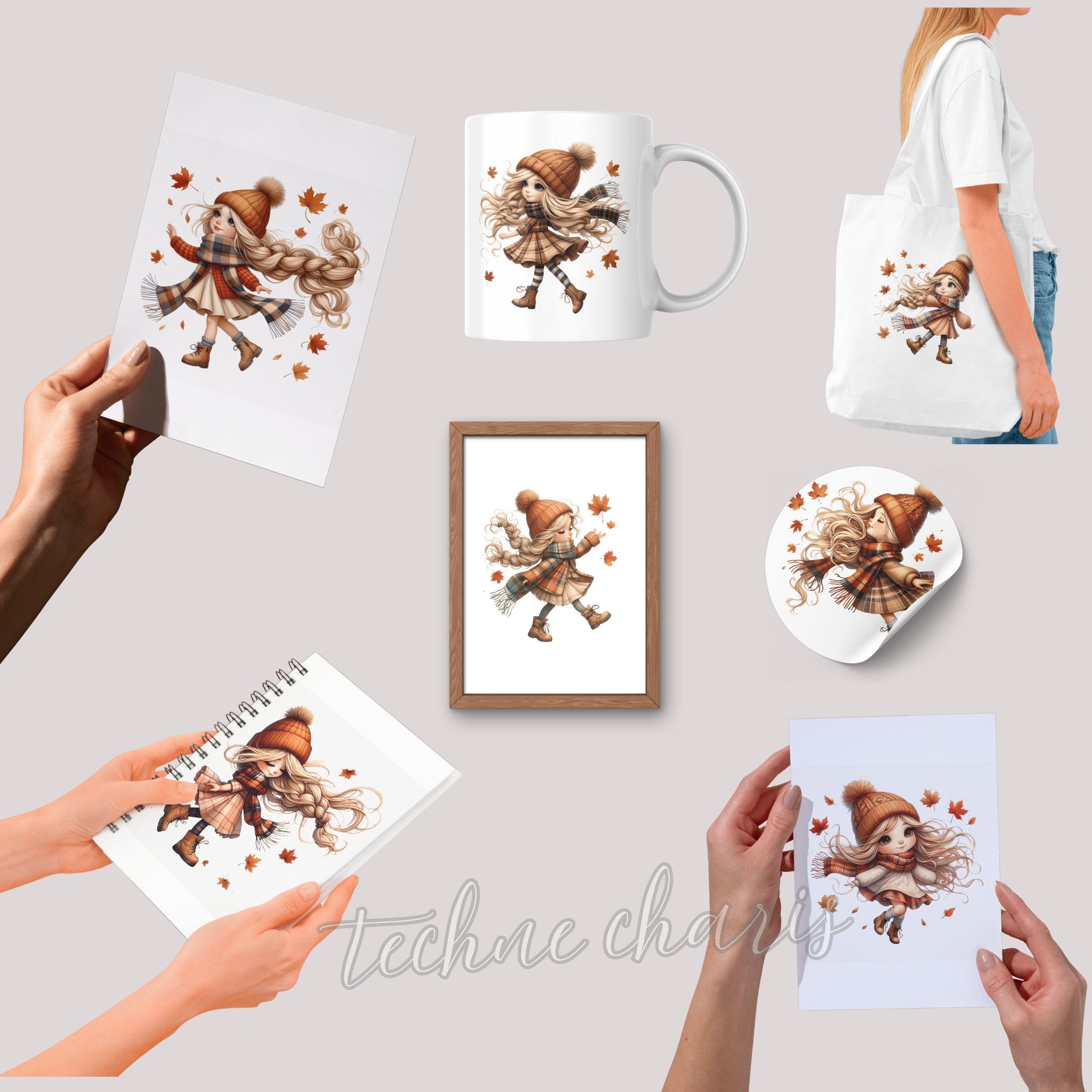10 Quirky Fall Girl PNG Clipart, Autumn Cozy Girl Twirling With Maple ...