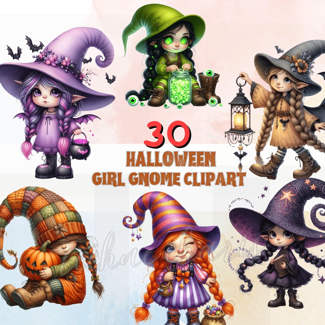 Halloween Girl Gnome Clipart PNG Bundle | 30 Cute Braided Hair Knitted ...