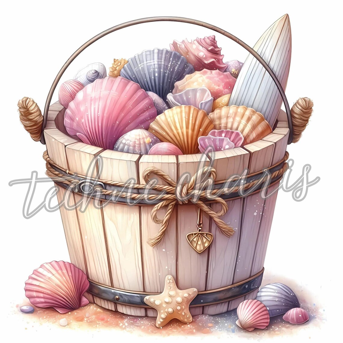 Seashell Bucket Clipart | 10 High-quality Watercolor Jpgs, Beach Summer ...