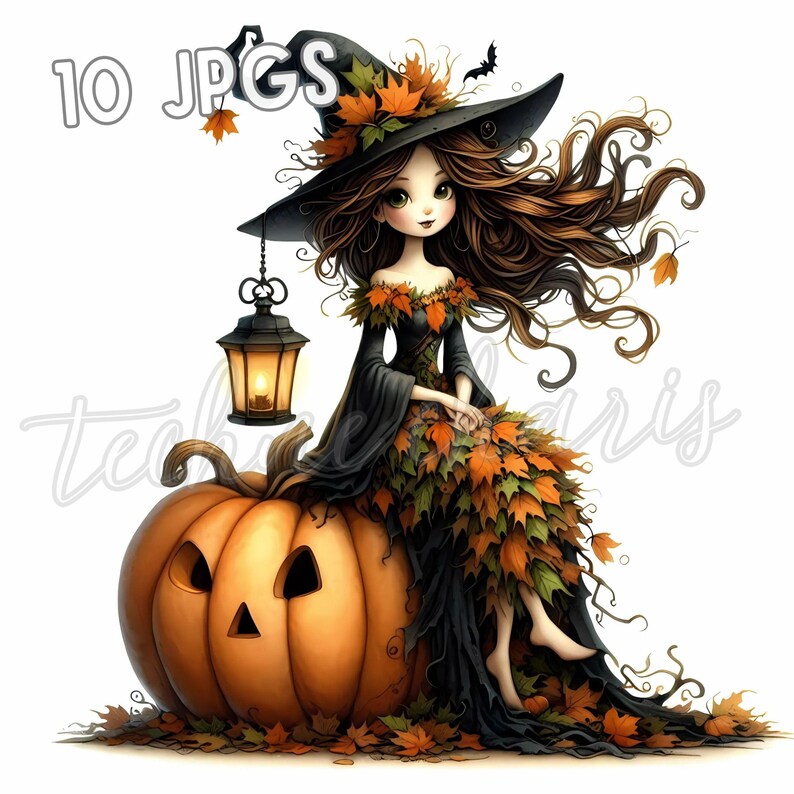 Autumn Witch Girl Clipart | Pumpkin Halloween Art (300 DPI JPEG) - Etsy