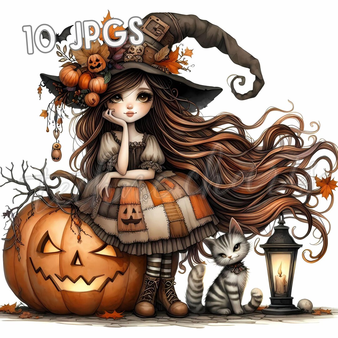 Witch Girl Halloween Clipart, Cute Spooky Pumpkin Scene (10 Jpegs) - Etsy
