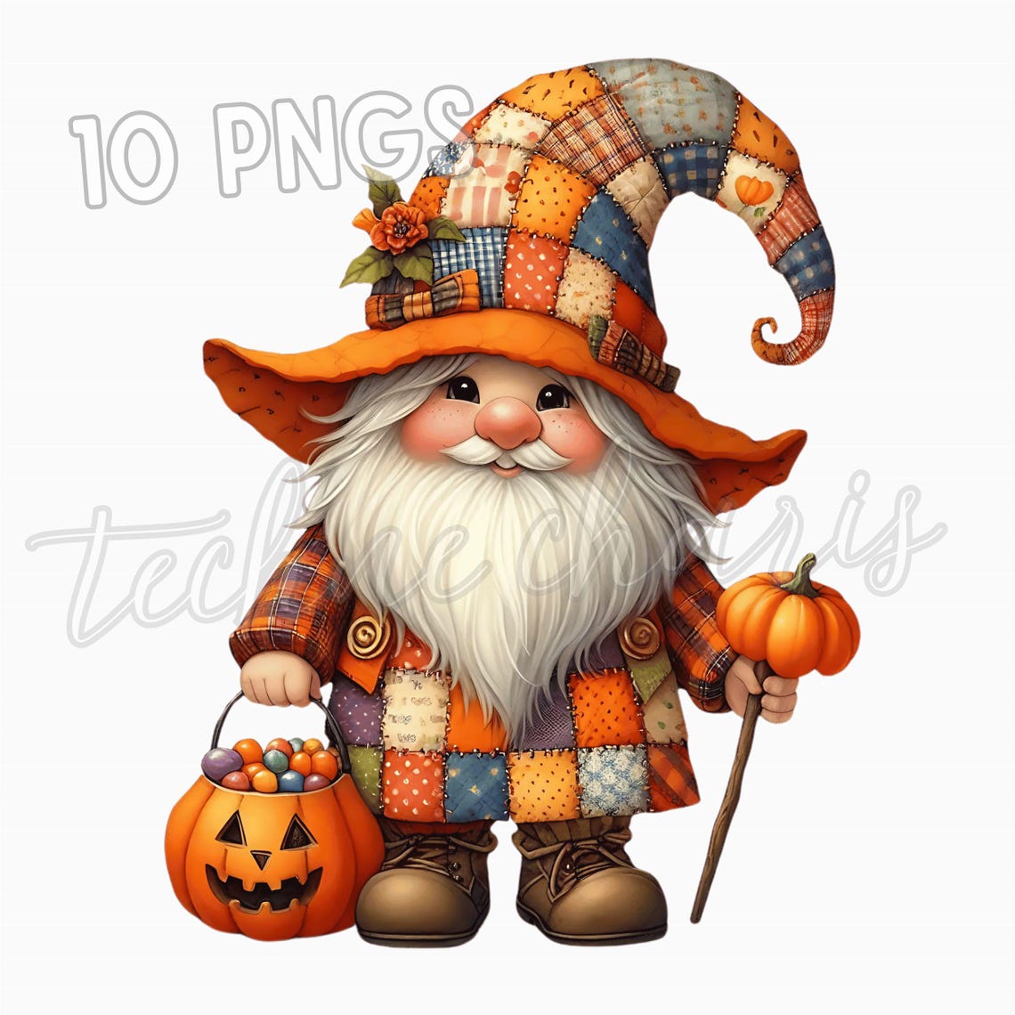 Halloween Pumpkin Gnome Clipart, Patchwork Candy Costume (PNG Instant ...
