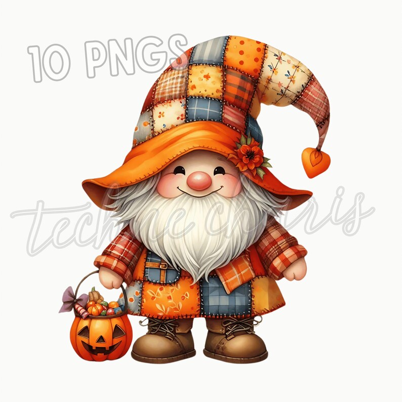 Halloween Pumpkin Gnome Clipart, Patchwork Candy Costume (PNG Instant ...