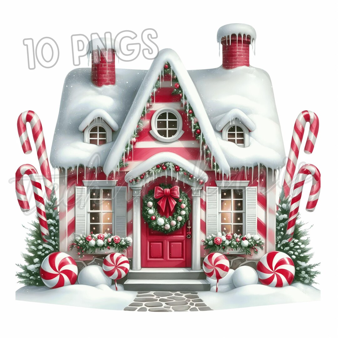 Peppermint Christmas Cottage Clipart, Candy House PNG Set (digital ...