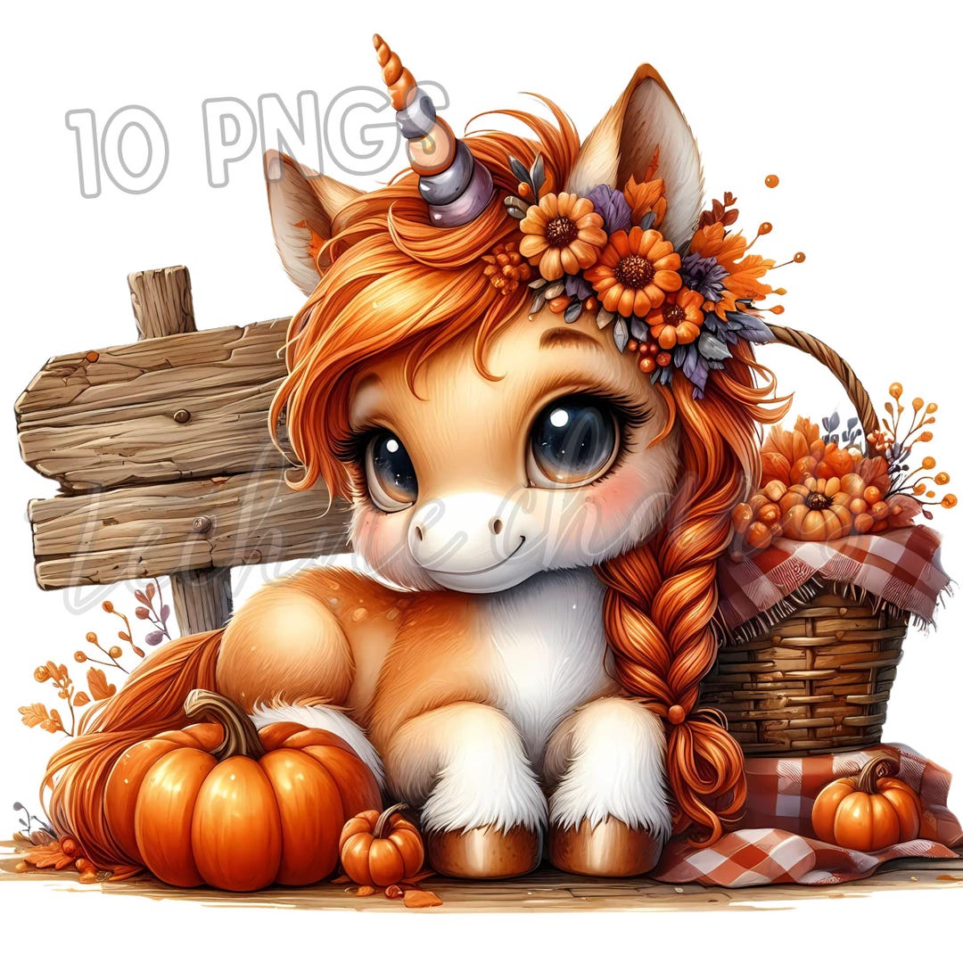 10 Fall Unicorn Clipart PNG, Cute Baby Unicorn With Pumpkin & Flowers ...