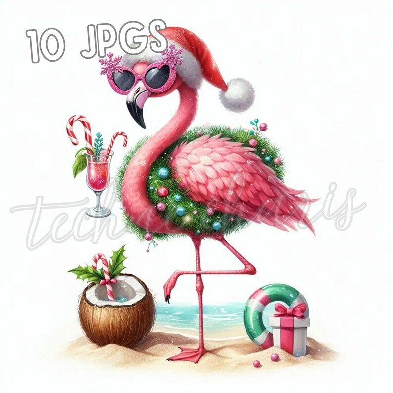 Christmas Tropical Flamingo Clipart Set of 10 Jpgs – Watercolor Holiday ...