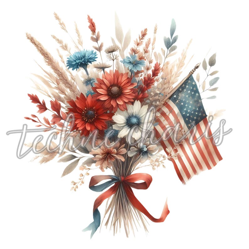 4th of July Floral Clipart PNG | Watercolor Patriotic Flowers ...