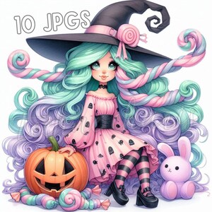 Pastel Halloween Witch Girl Clipart, 10 High Quality 300 DPI Jpegs ...