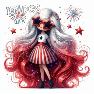 10 Patriotic Quirky Girl Clipart JPG, 4th of July, USA Pride, Memorial ...