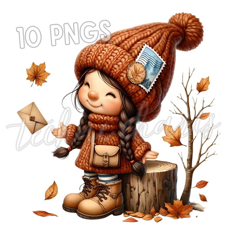 10 Autumn Mail Gnome PNG Clipart – Cozy Fall Girl Gnome With Leaf ...