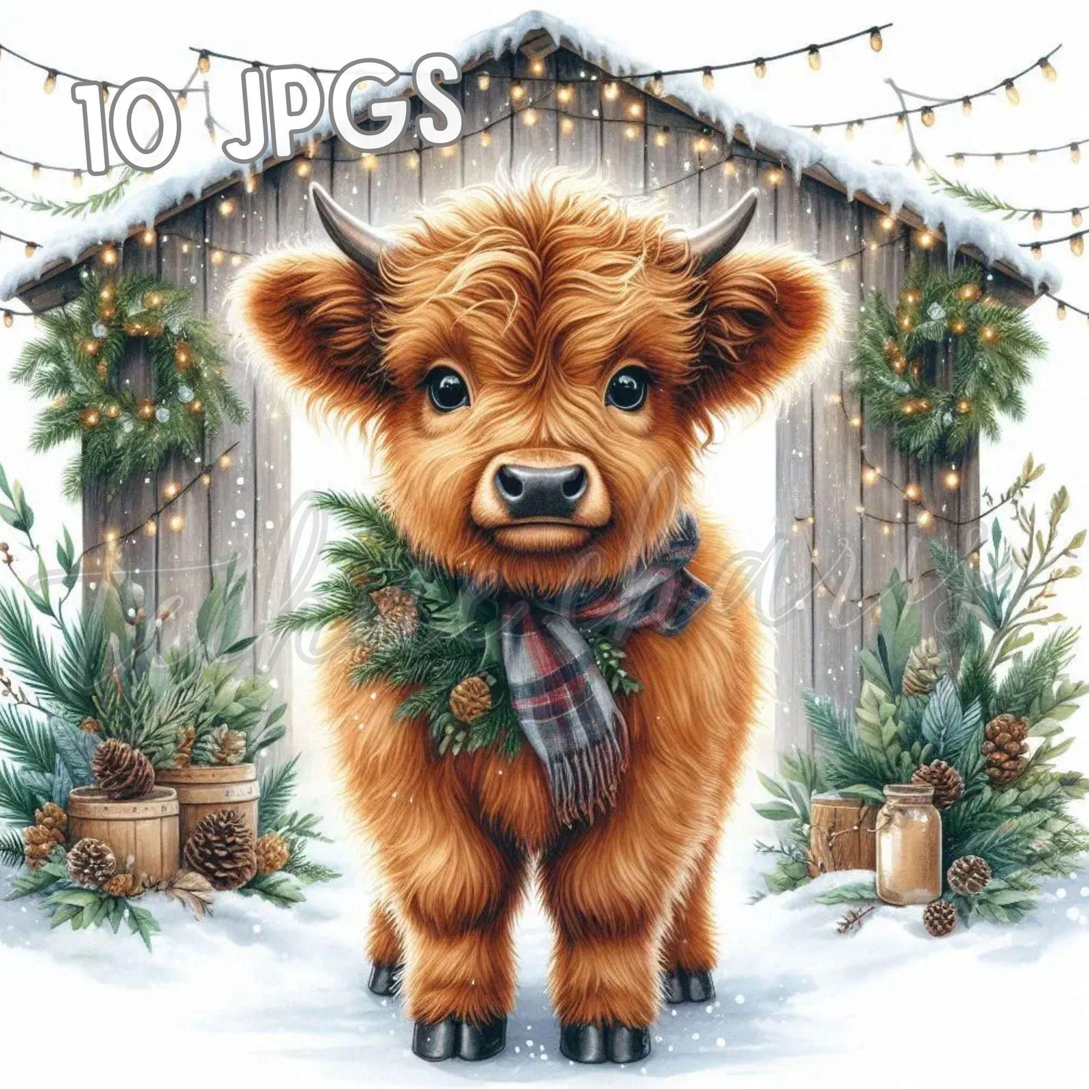 10 Watercolor Christmas Highland Cow Clipart Jpgs | Winter Holiday ...