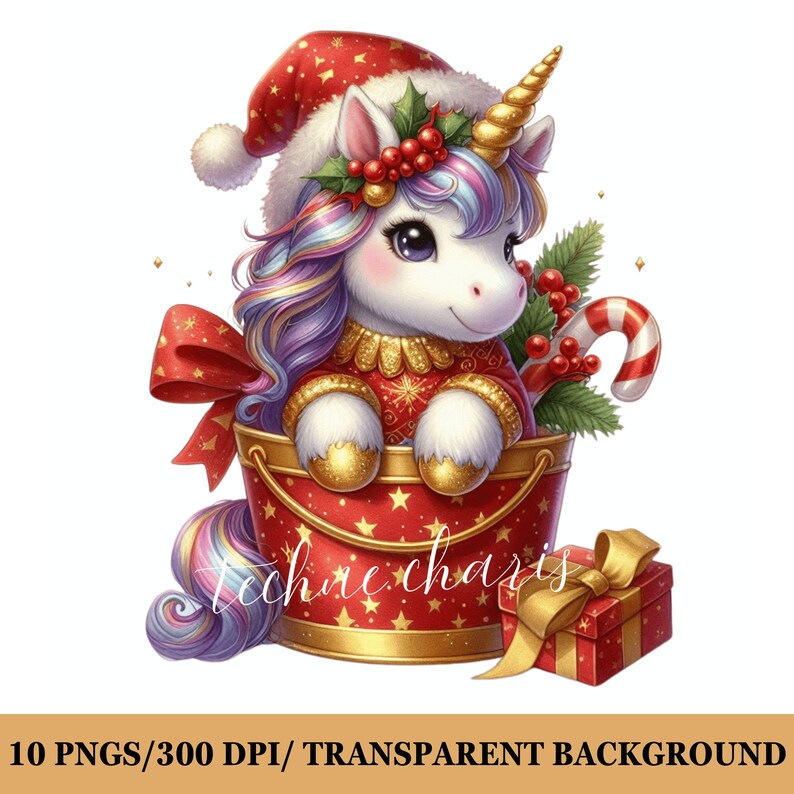 Watercolor Christmas Unicorn Clipart Bundle, 10 Festive PNG (digital ...