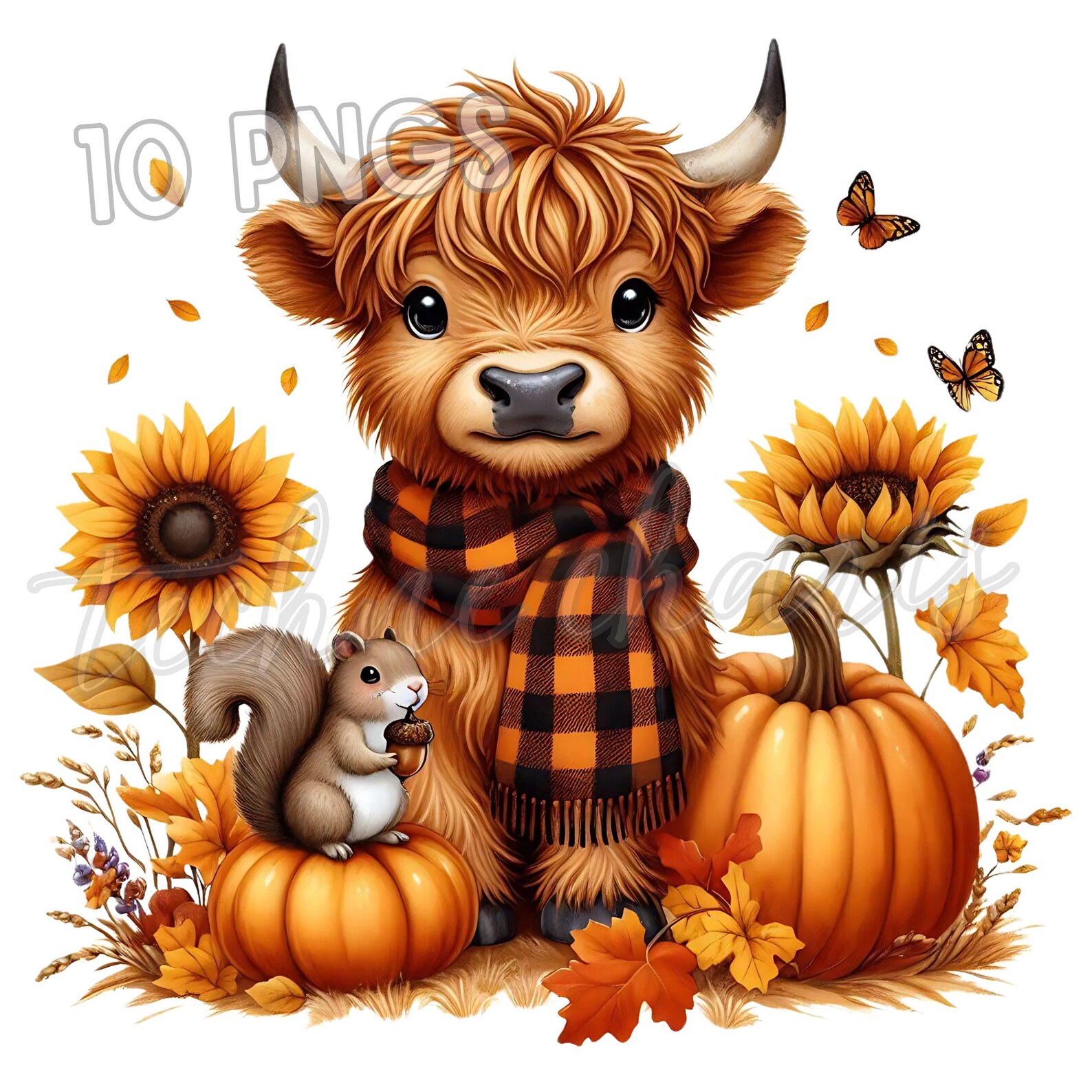 10 Rustic Autumn Highland Cow PNG | Fall Farm Animal Clipart | Cozy ...