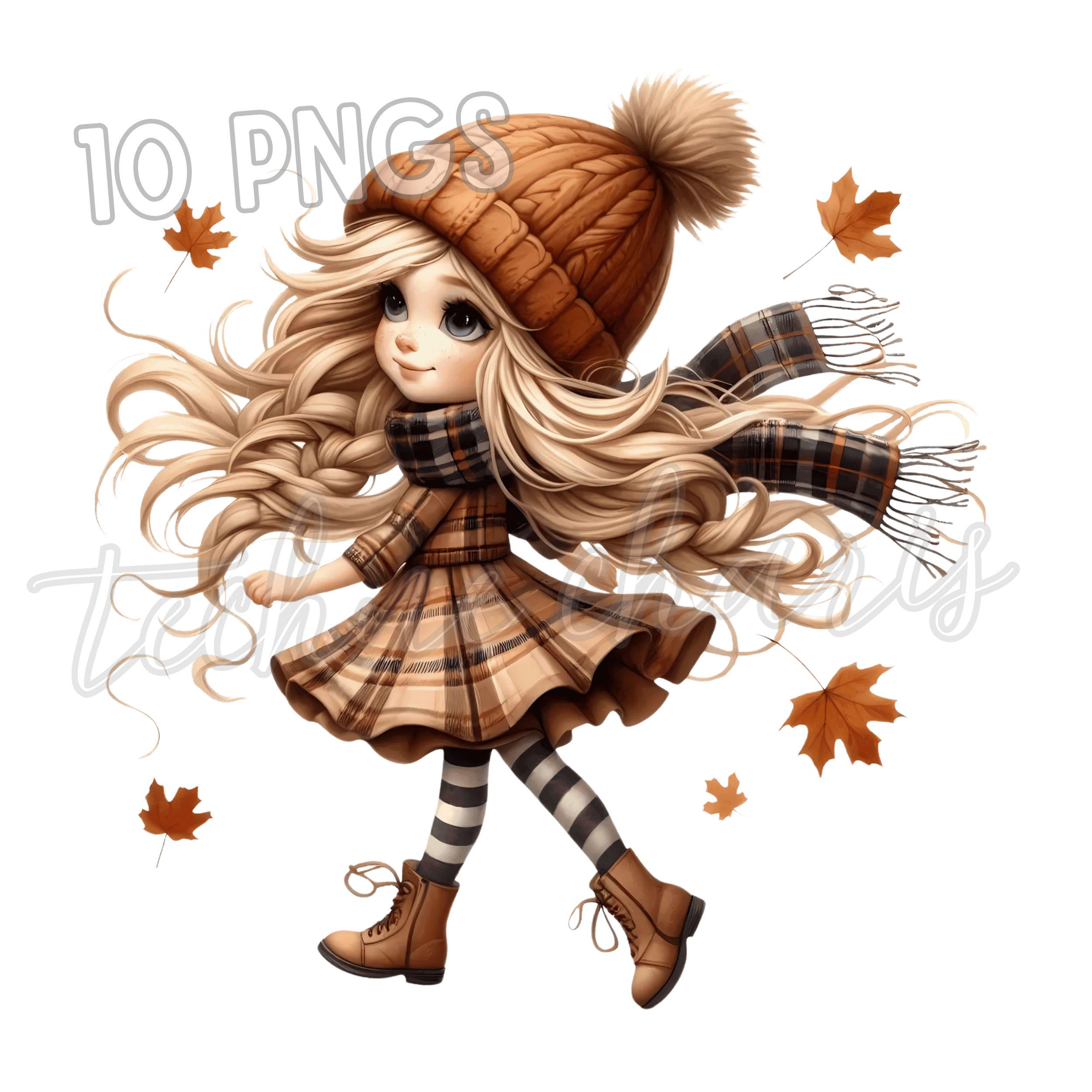 10 Quirky Fall Girl PNG Clipart, Autumn Cozy Girl Twirling With Maple ...