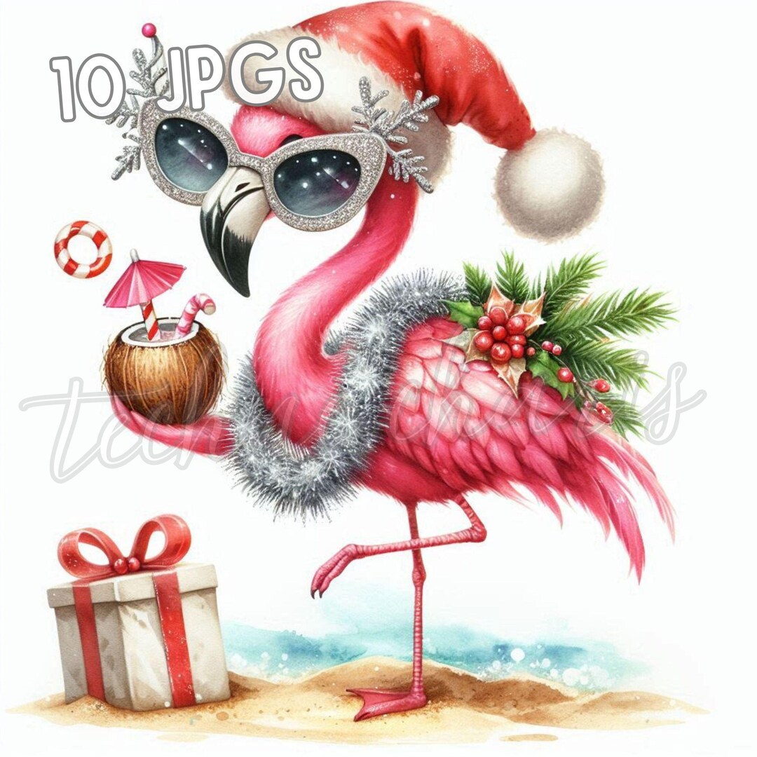 Christmas Tropical Flamingo Clipart Set of 10 Jpgs – Watercolor Holiday ...