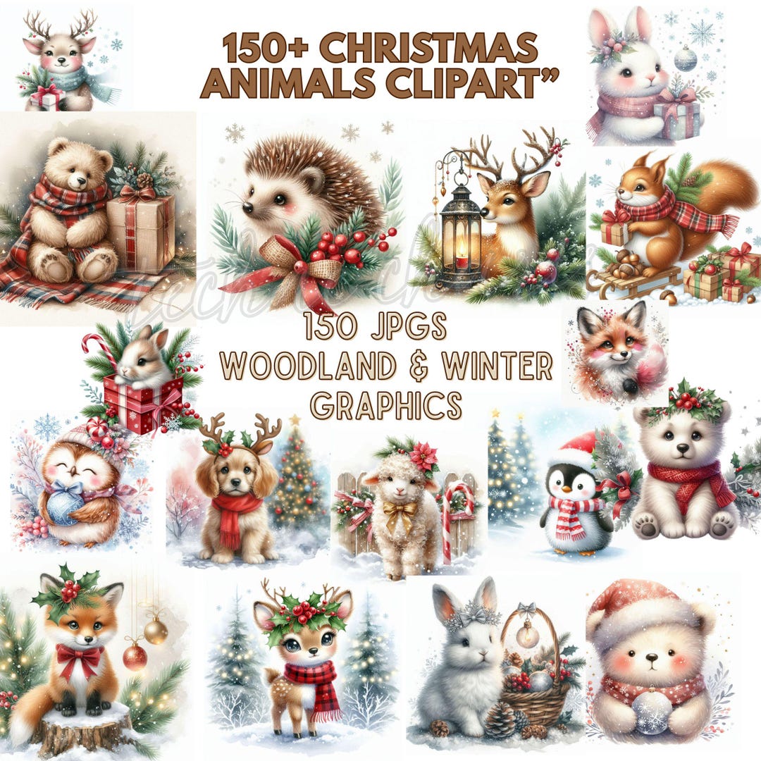 Watercolor Christmas Animals Clipart Bundle: 150+ Woodland & Winter ...