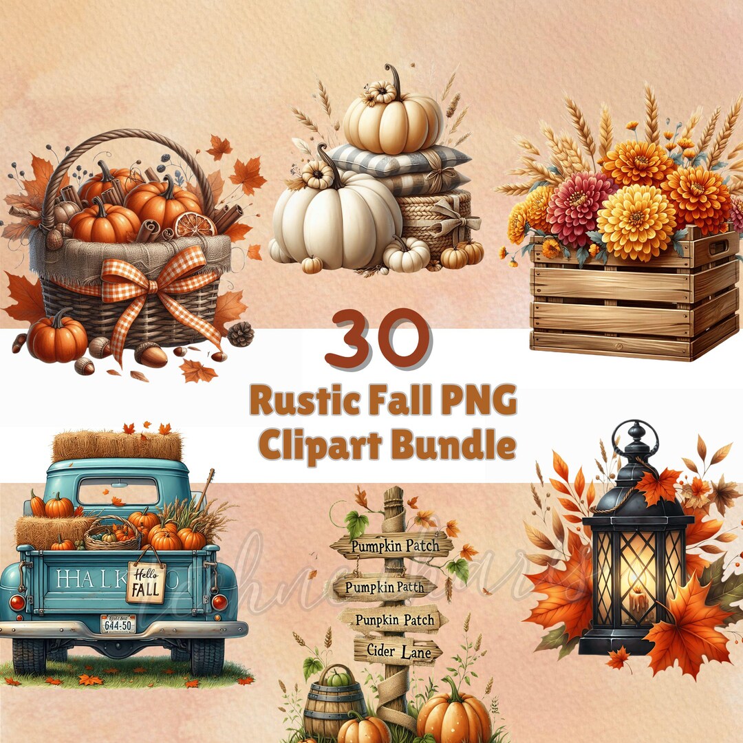 Rustic Fall Clipart PNG Bundle 30 Autumn Pumpkins Sunflower Trucks ...