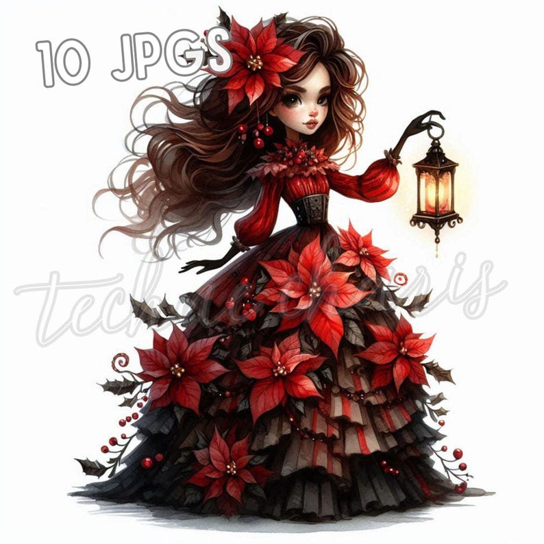 Christmas Fairy Clipart | 10 JPG Poinsettia Dress Holiday Enchantress ...