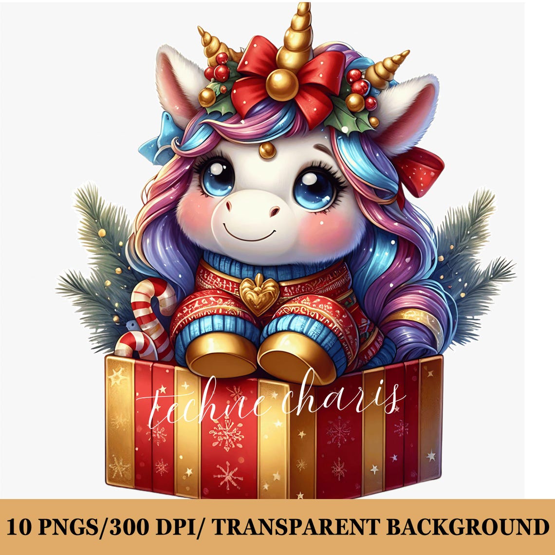 Watercolor Christmas Unicorn Clipart Bundle, 10 Festive PNG (digital ...