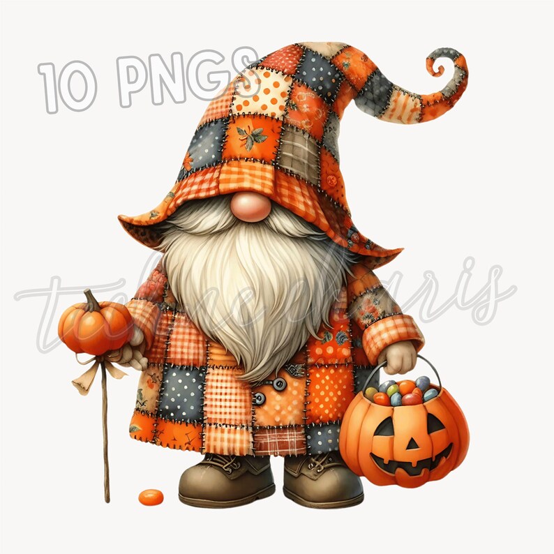 Halloween Pumpkin Gnome Clipart, Patchwork Candy Costume (PNG Instant ...