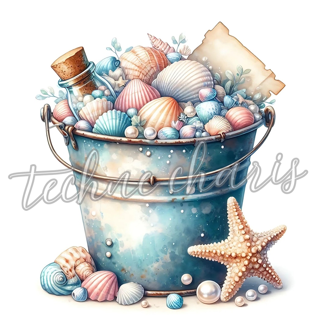 Seashell Bucket Clipart | 10 High-quality Watercolor Jpgs, Beach Summer ...