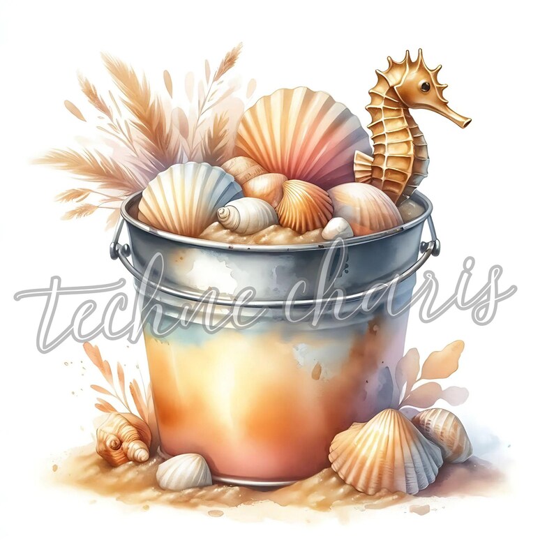 Seashell Bucket Clipart | 10 High-quality Watercolor Jpgs, Beach Summer ...