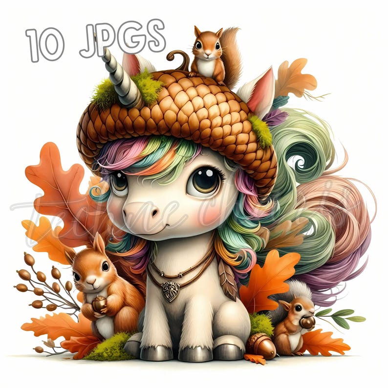 Acorn Hat Unicorn Clipart Bundle, 10 High-res Jpgs, Fall Autumn Fantasy ...