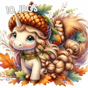 Acorn Hat Unicorn Clipart Bundle, 10 High-res Jpgs, Fall Autumn Fantasy ...