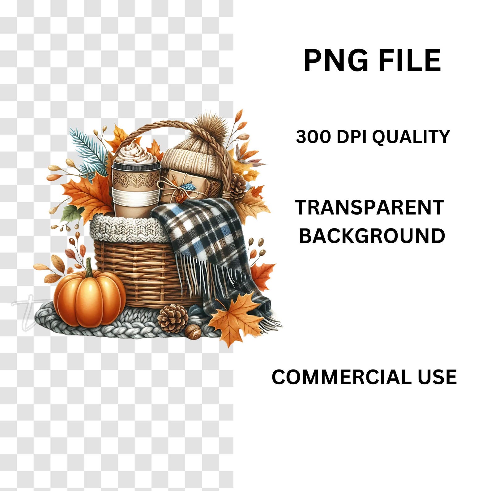 Autumn Basket Clipart: Watercolor Pumpkin Harvest Pngs (commercial Use ...