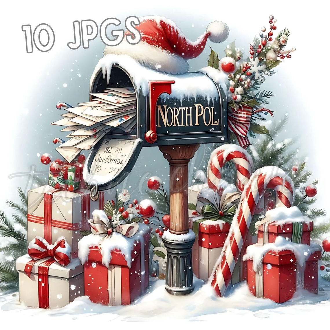 North Pole Mailbox Clipart | Christmas Watercolor Scene (10 JPG) - Etsy