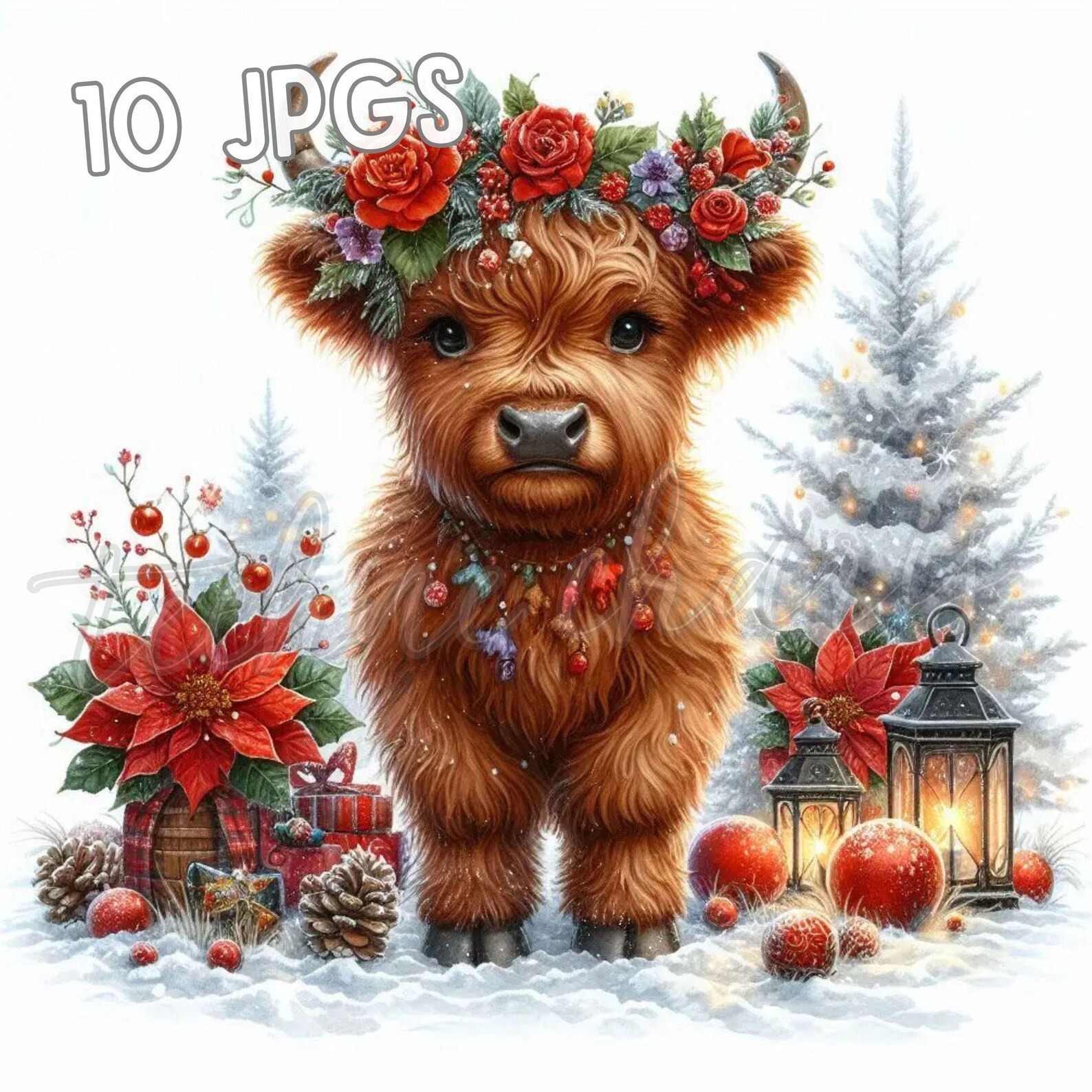 10 Watercolor Christmas Highland Cow Clipart Jpgs | Winter Holiday ...