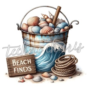Seashell Bucket Clipart | 10 High-quality Watercolor Jpgs, Beach Summer ...