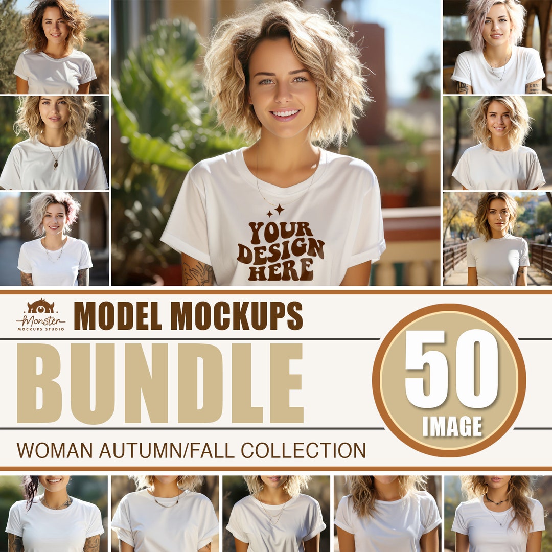 Mockup Female Model Bundle, Woman in White Bella Canvas 3001 Mockup ...