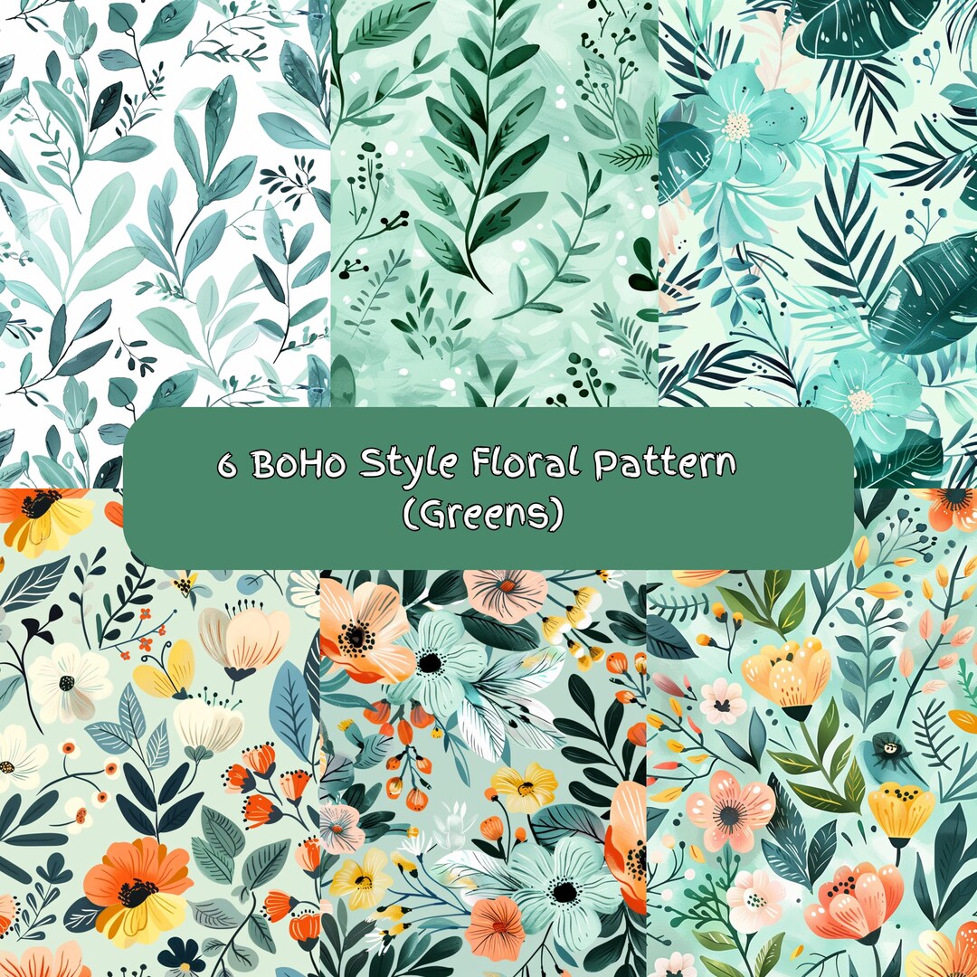 6 Green Boho Floral Patterns, PNG File, Digital Download, Floral Wall ...