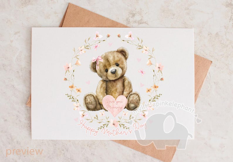 Teddy Bear Mother's Day Floral Wreath PNG, Mothers Day Card Design ...