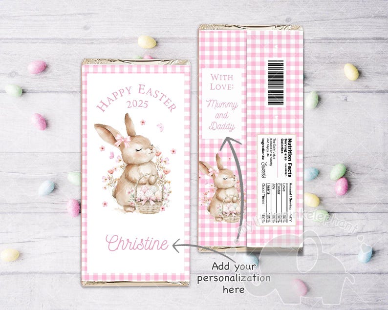 Editable, Printable Pink Bunny Easter Chocolate Bar Wrapper, Flopsy ...