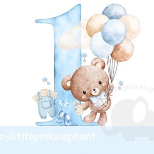 Teddy Bear Blue Balloons 1st Birthday PNG, First Birthday Sublimation ...