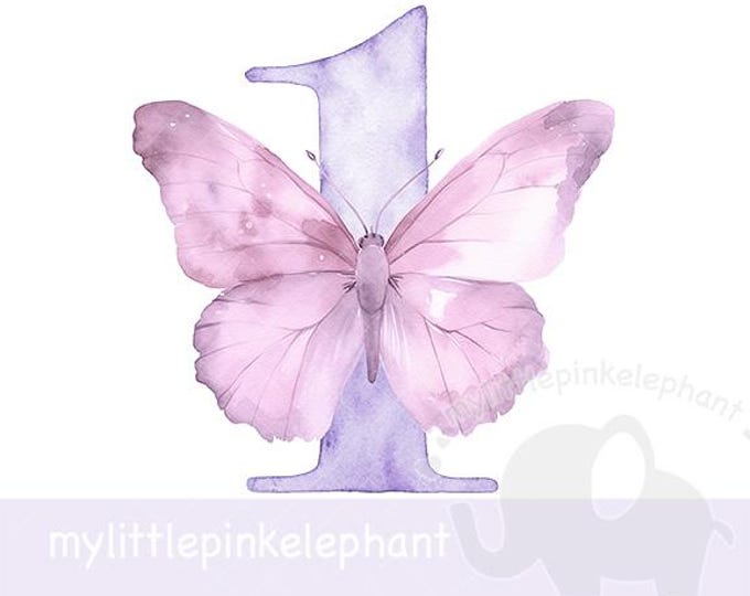 1st Butterfly Clipart Watercolour Purple Number 1 PNG One Birthday ...