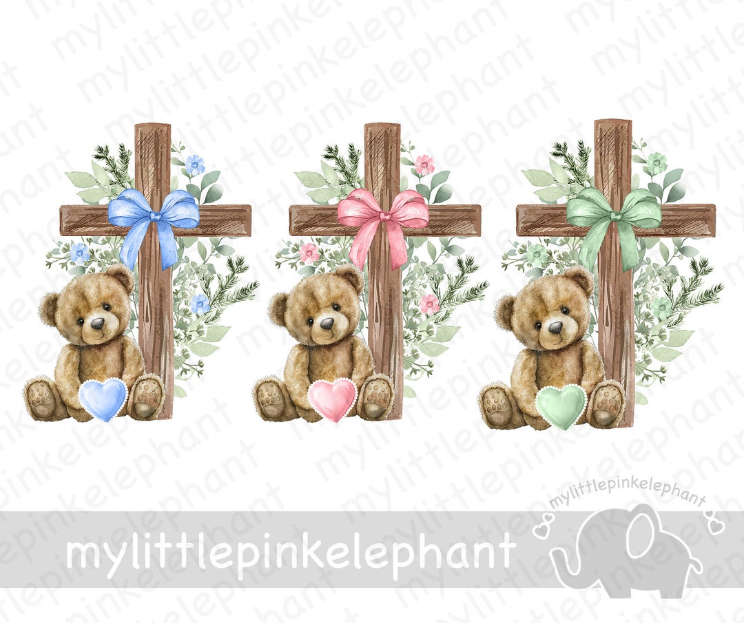 Set of 3, Tedd Bear Cross, Christening, PNG File, Religion PNG, Sublimation, UV, Digital ...