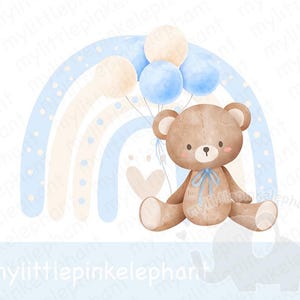 Watercolor Teddy Bear Blue Balloons & Rainbow PNG, Teddy Bear Clipart, Bear Baby Shower ...