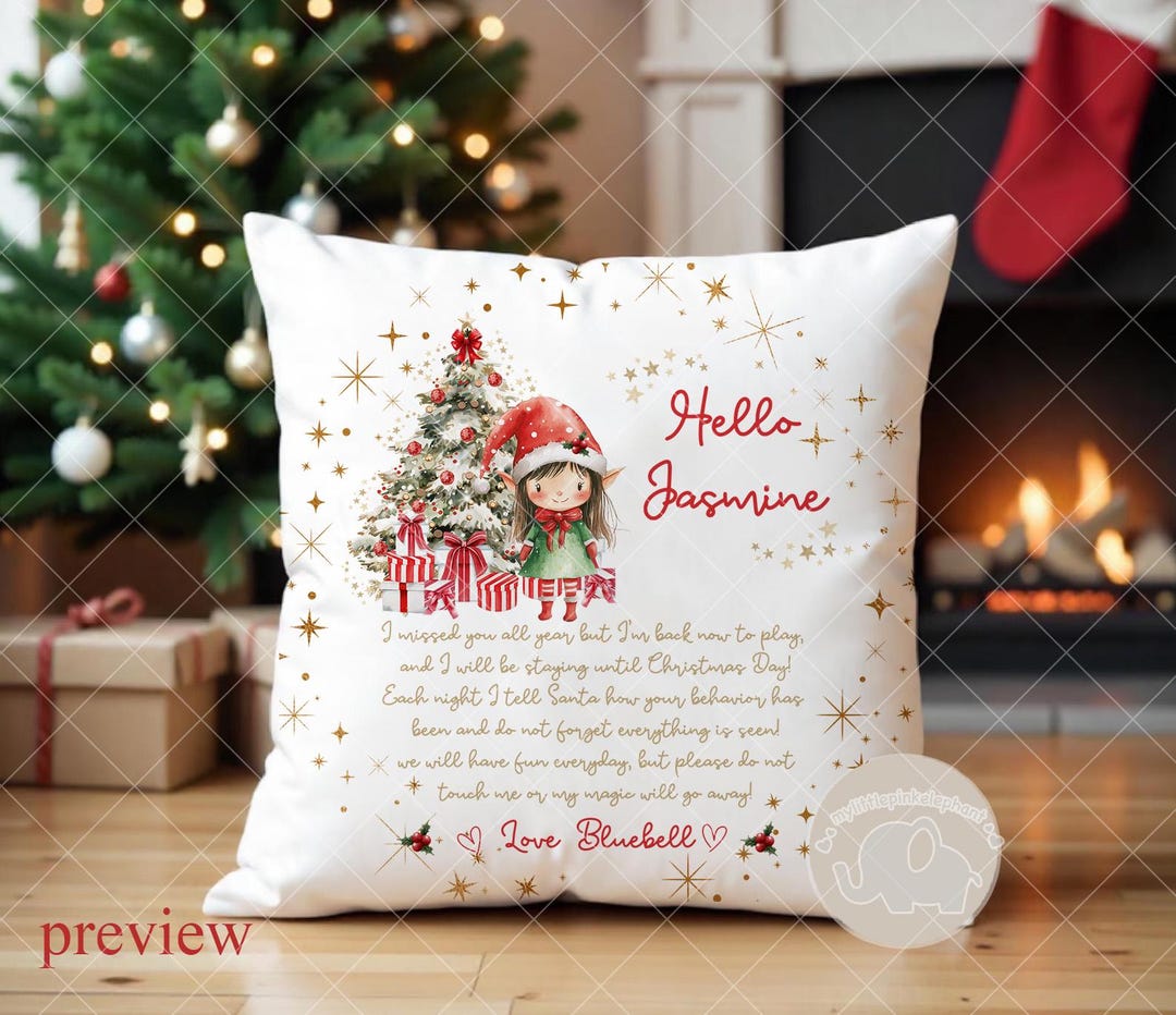Editable Canva Christmas Elf Book Pillow PNG, Christmas Girl Elf & Tree ...