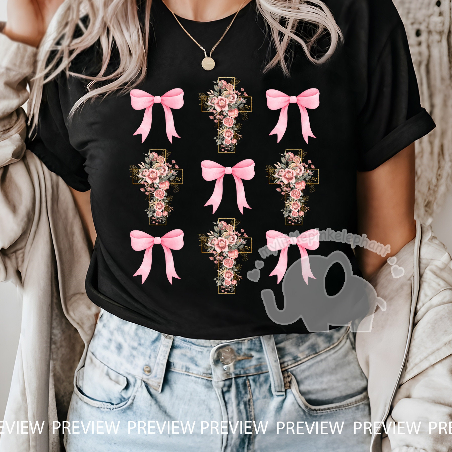 Cross Coquette Bows PNG, Floral Cross Png, Christian Png, Pink Bows Png ...