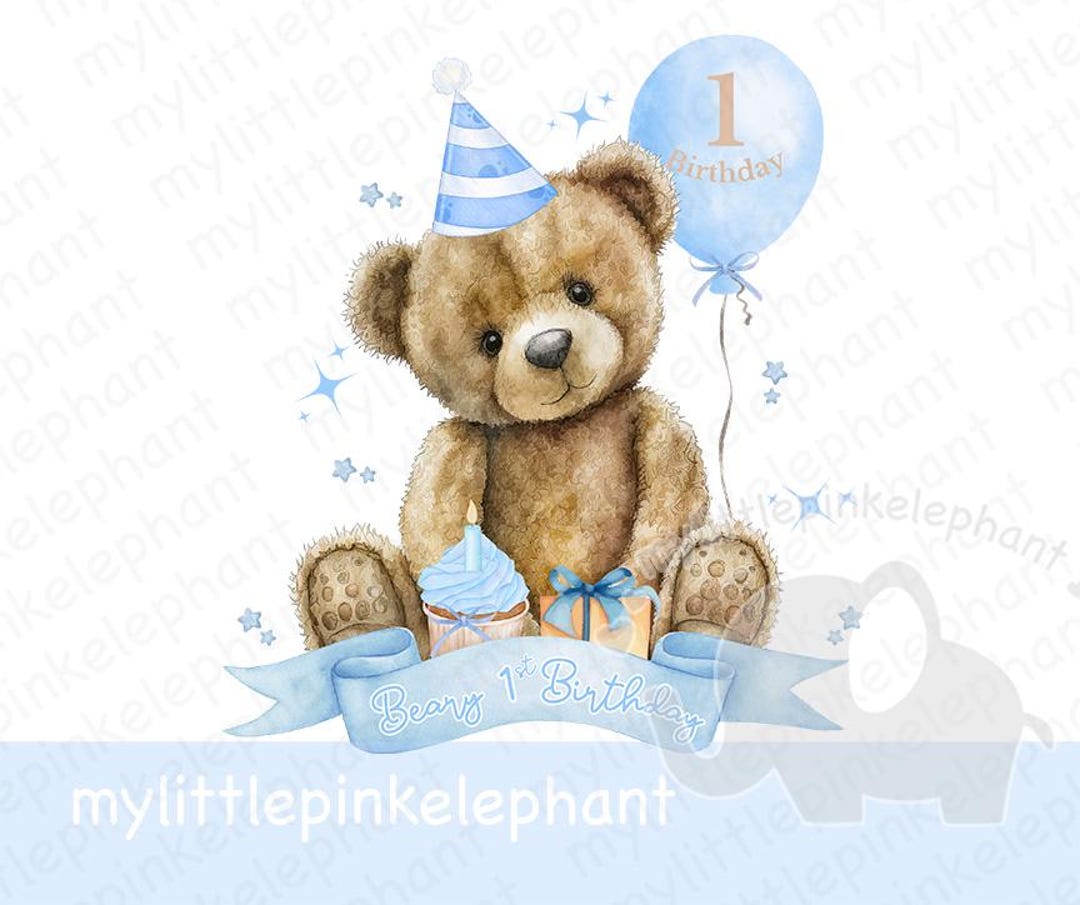 Teddy Bear Blue Balloon 1st Birthday PNG, Beary 1st Birthday ...