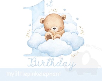 Teddy Bear Blue Balloon 1st Birthday PNG, First Birthday Sublimation ...