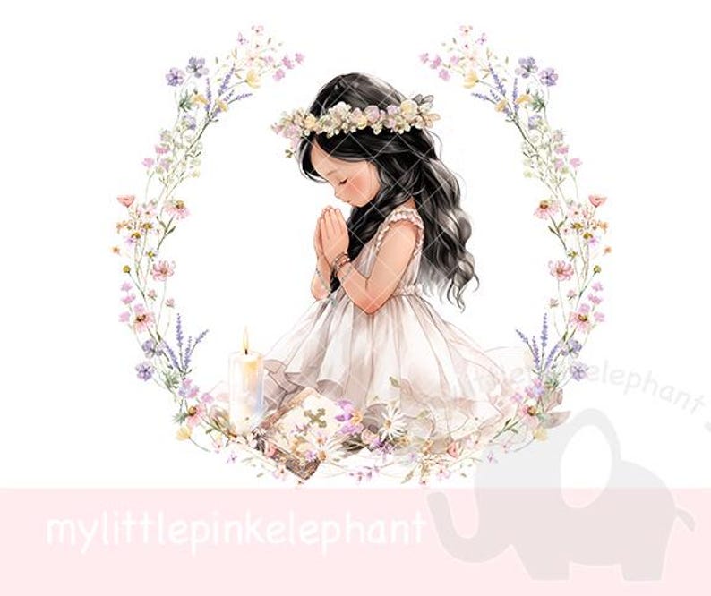 My First Holy Communion PNG, Wild Flower Wreath, Praying Girl First ...