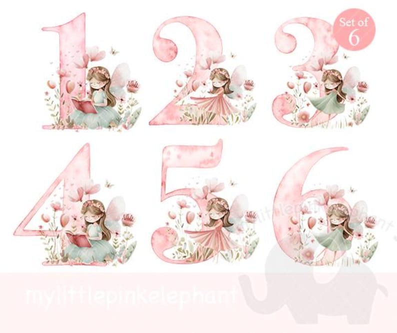 Watercolor Pink Fairy Toadstool Numbers 1-6 Bundle PNG, One Fairies ...