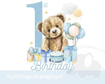 Teddy Bear Blue Balloon 1st Birthday PNG, First Birthday Sublimation ...