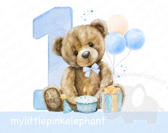 Teddy Bear Blue Balloon 1st Birthday PNG, First Birthday Sublimation ...