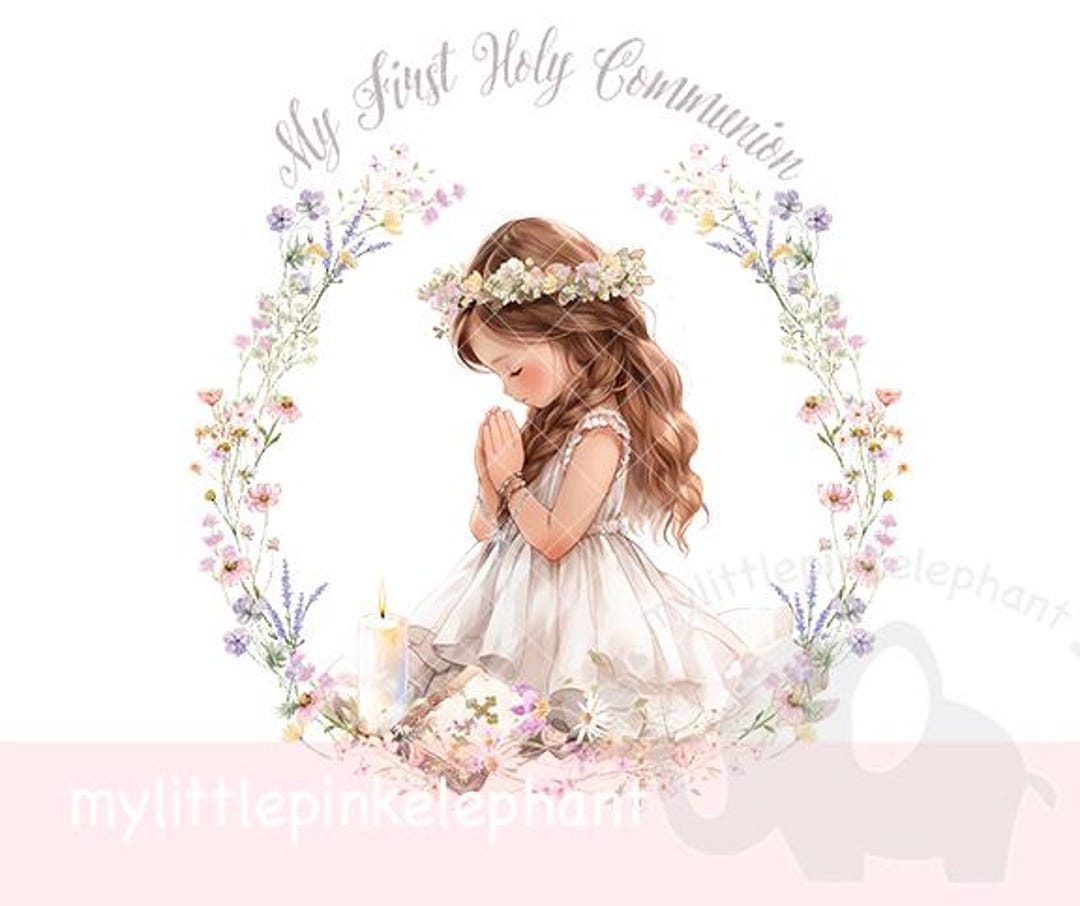 My First Holy Communion PNG, Wild Flower Wreath, Praying Girl First ...
