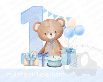 Teddy Bear Blue Balloons 1st Birthday PNG, First Birthday Sublimation ...